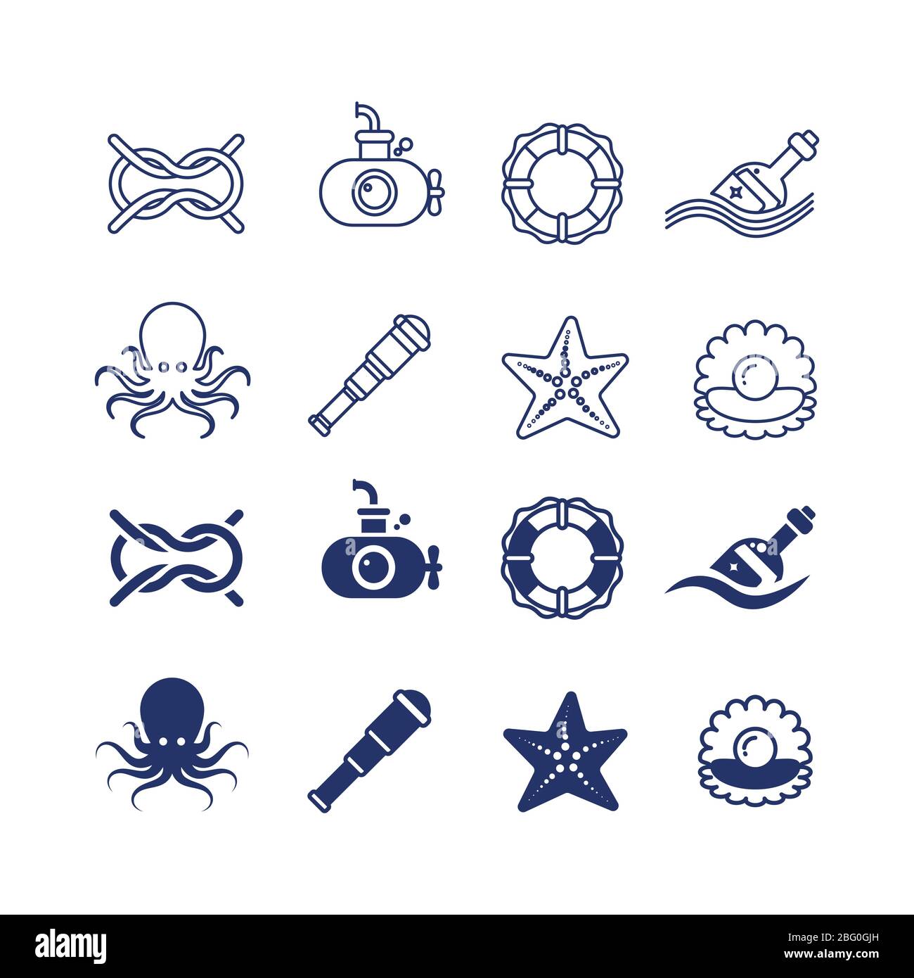 Meer, Meer, Meer, nautische dünne Linie und Silhouette Symbole ...
