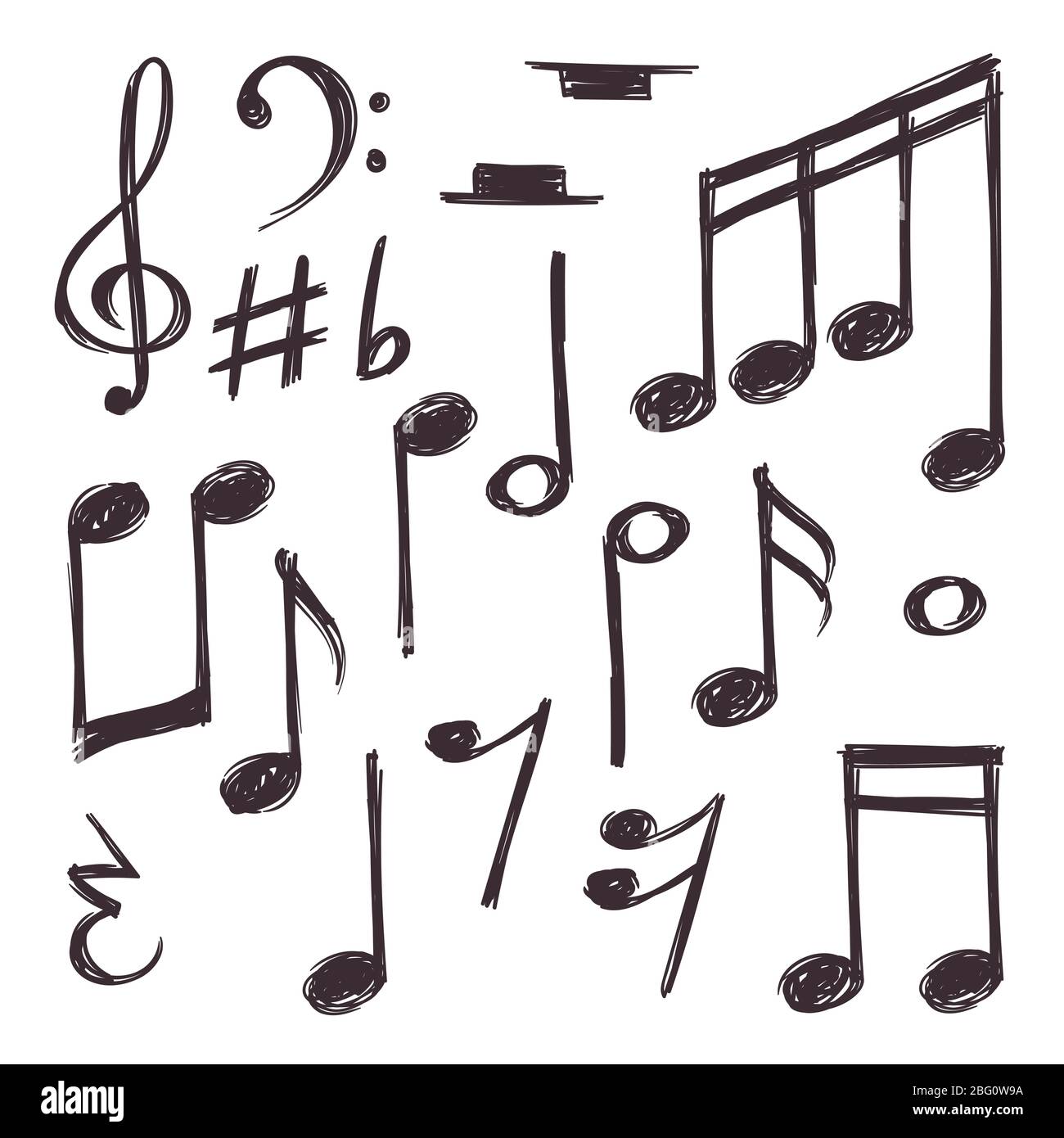 Handgezeichnete Noten. Vektor musikalische Symbole isoliert auf weißen ...