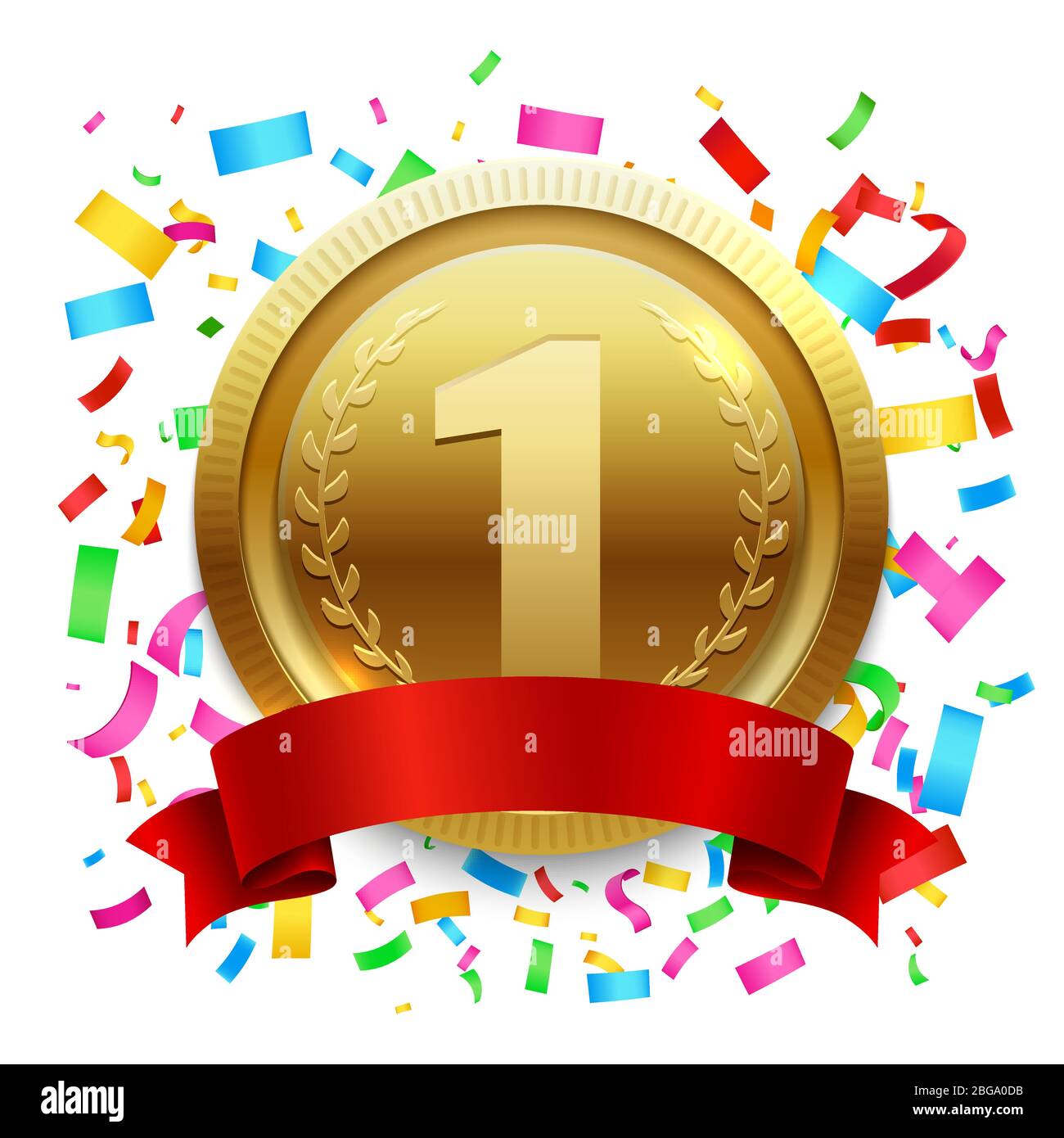 Fallende helle Konfetti und Champion Goldmedaille mit rotem Band Banner ... Fallende helle Konfetti und Champion Goldmedaille mit rotem Band Banner ...