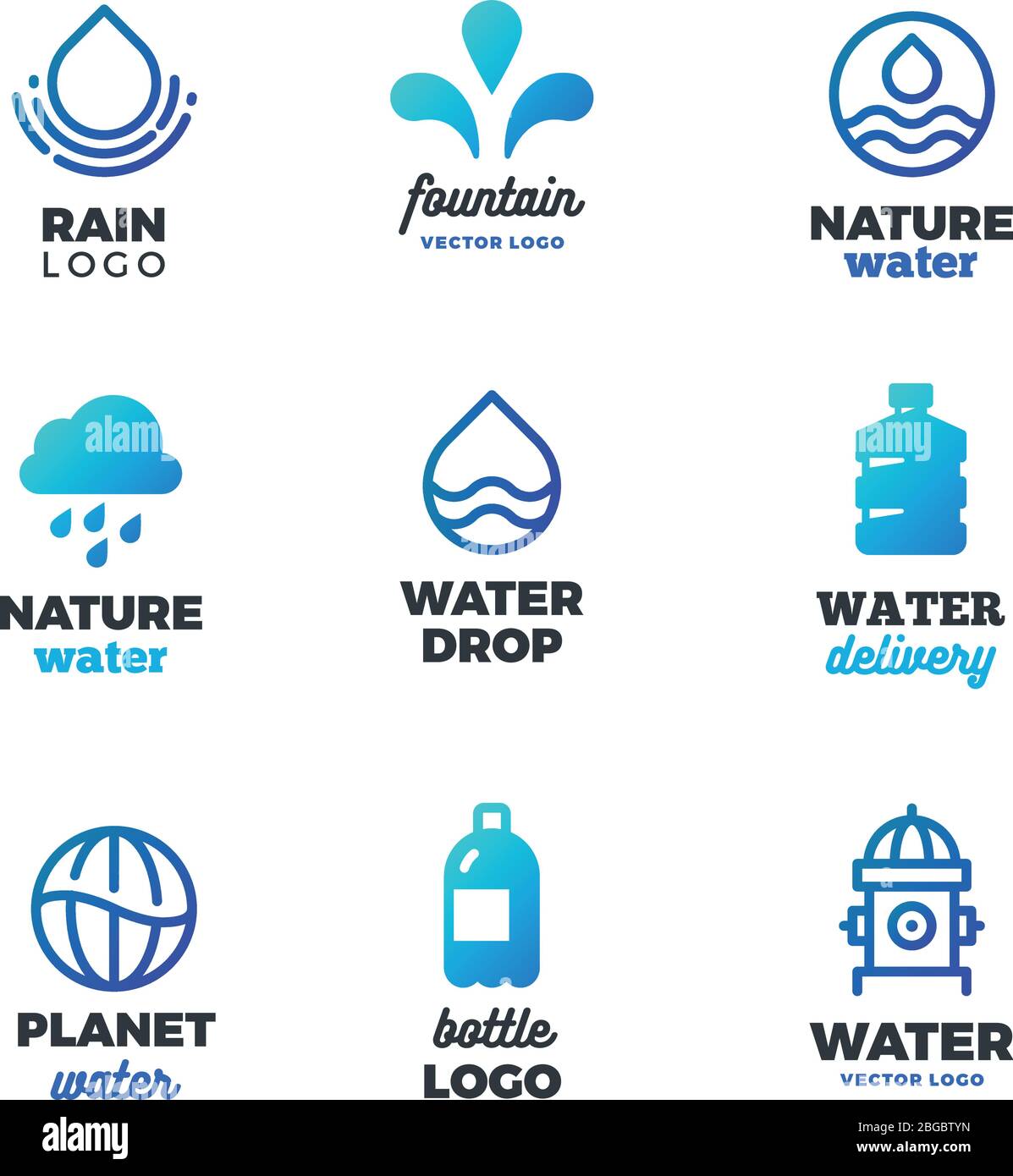 Trinksymbole und Wasser-Vektorlogos. Öko-Embleme des Ozeans. Aqua Drink ...