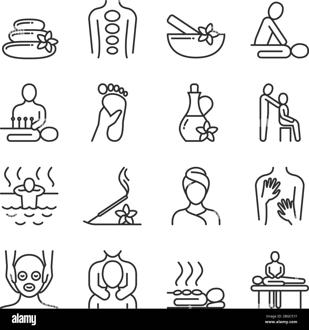 Entspannende Massage und Piktogramme der Bio-Spa-Linie. Vektorsymbole ...
