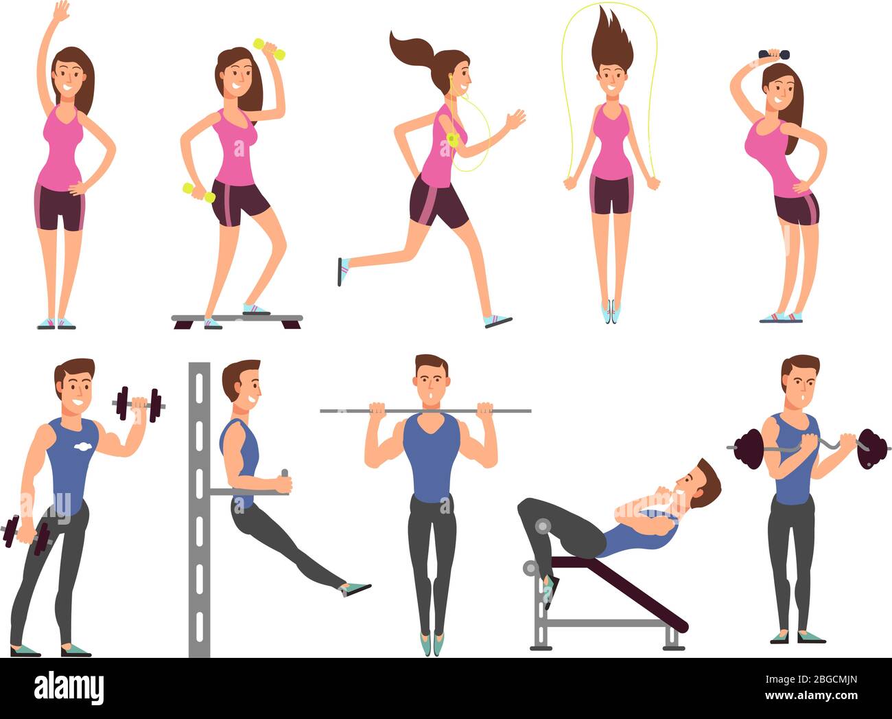 Fitness Menschen Vektor Cartoon Figuren Set. Frauen und Männer Sportler ...