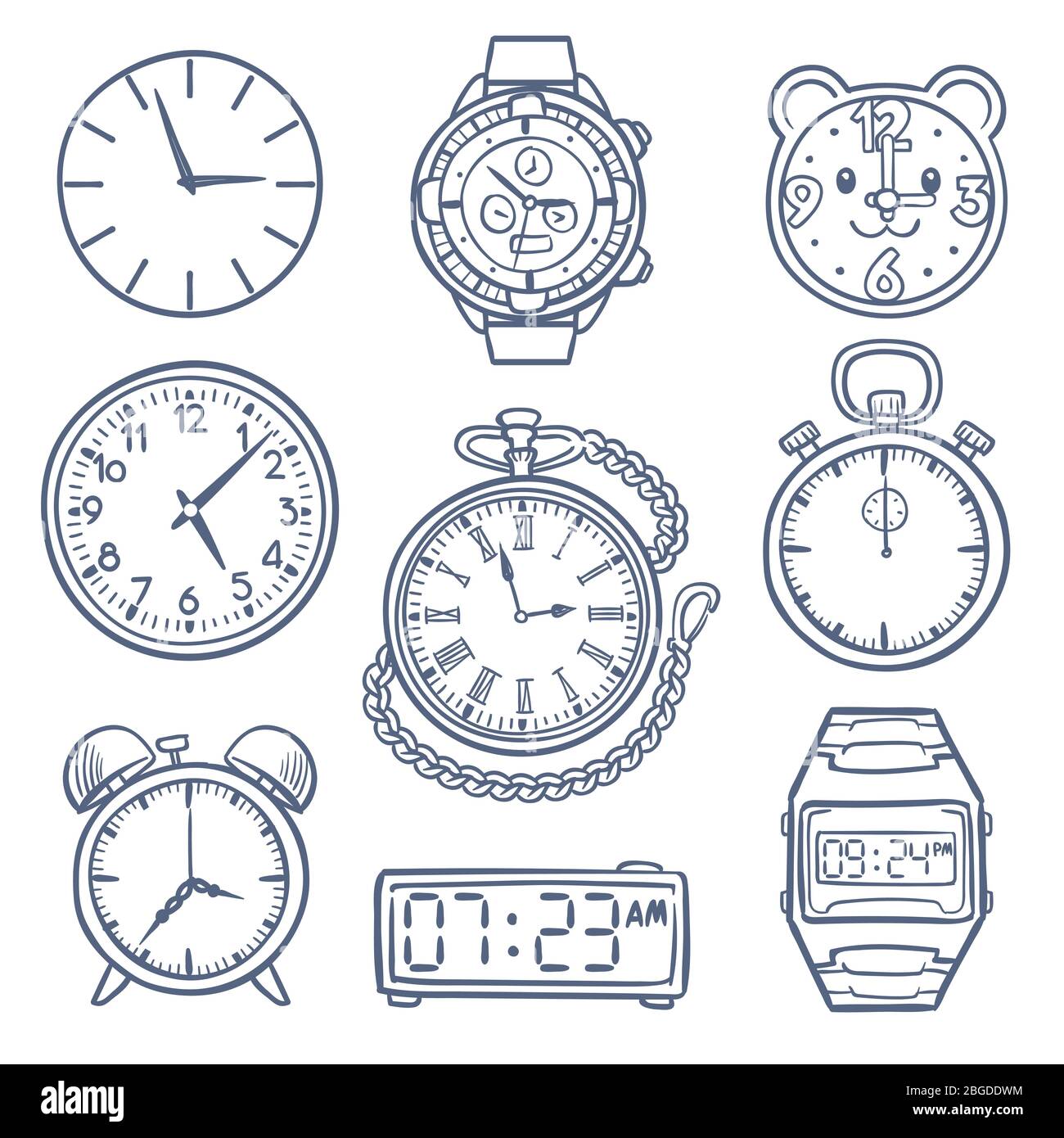 Doodle Uhr, Uhr Vektor-Symbole. Handgezeichnete Zeitvektorsymbole ...