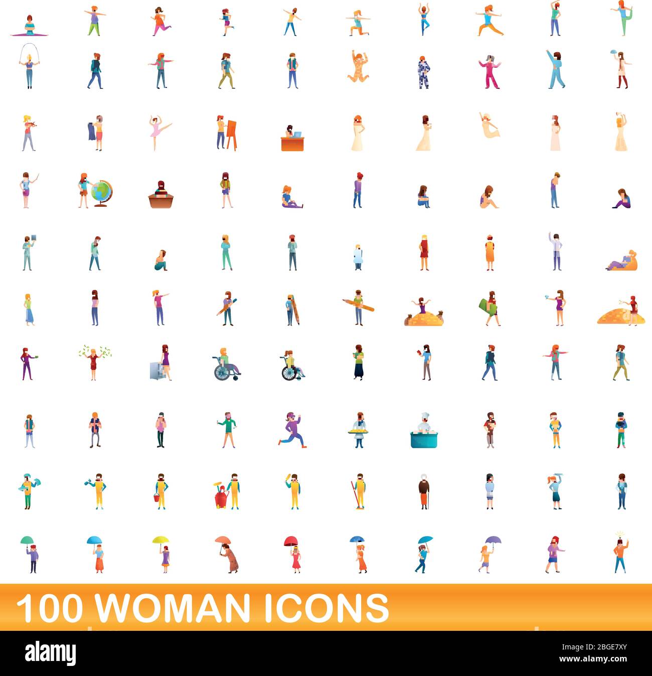 100 Frauen-Symbole gesetzt. Cartoon Illustration von 100 Frau Icons ...