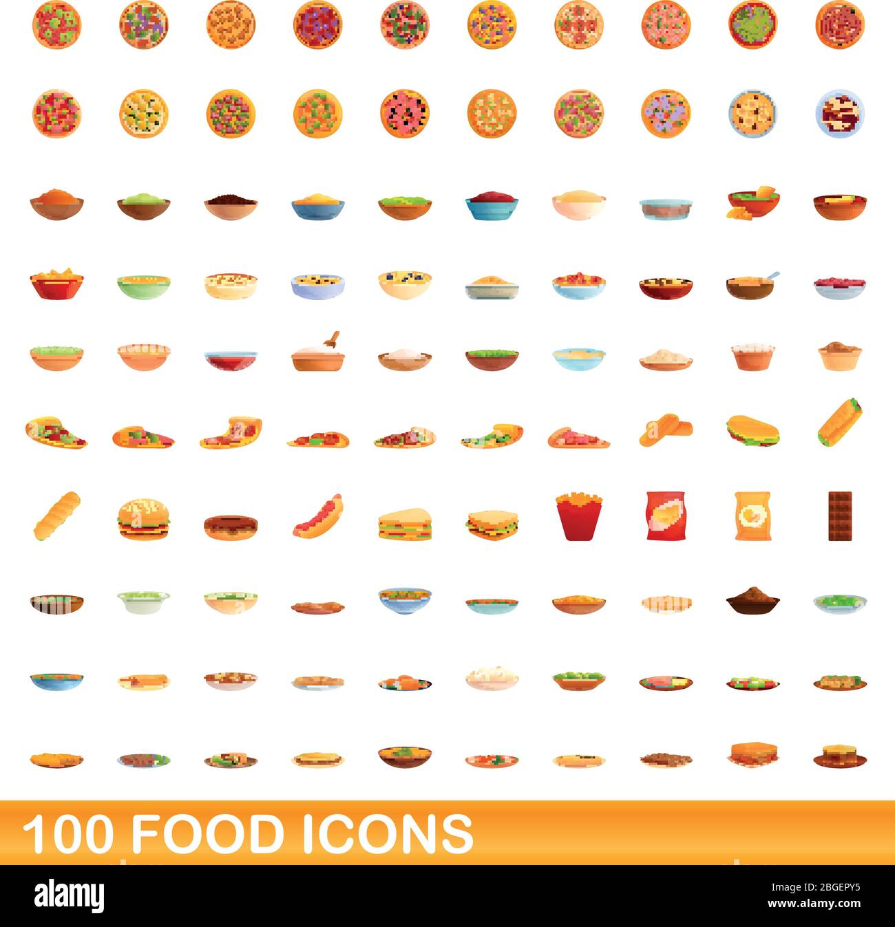 100 Essen Symbole gesetzt. Cartoon Illustration von 100 Essen Symbole ...