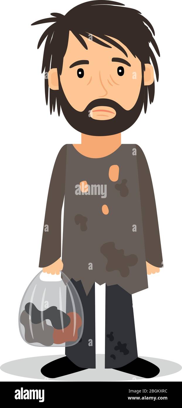 Obdachlos. Zotteliger Mann in schmutzigen Lumpen und mit einer Tasche ...