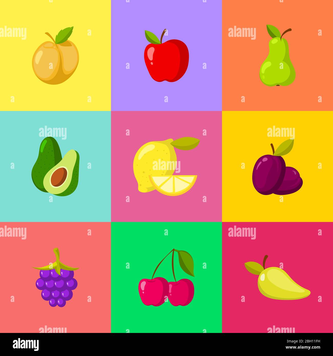 Obst Cartoon Symbole gesetzt. Apfel Pflaume Zitrone Kirsche Birne ...