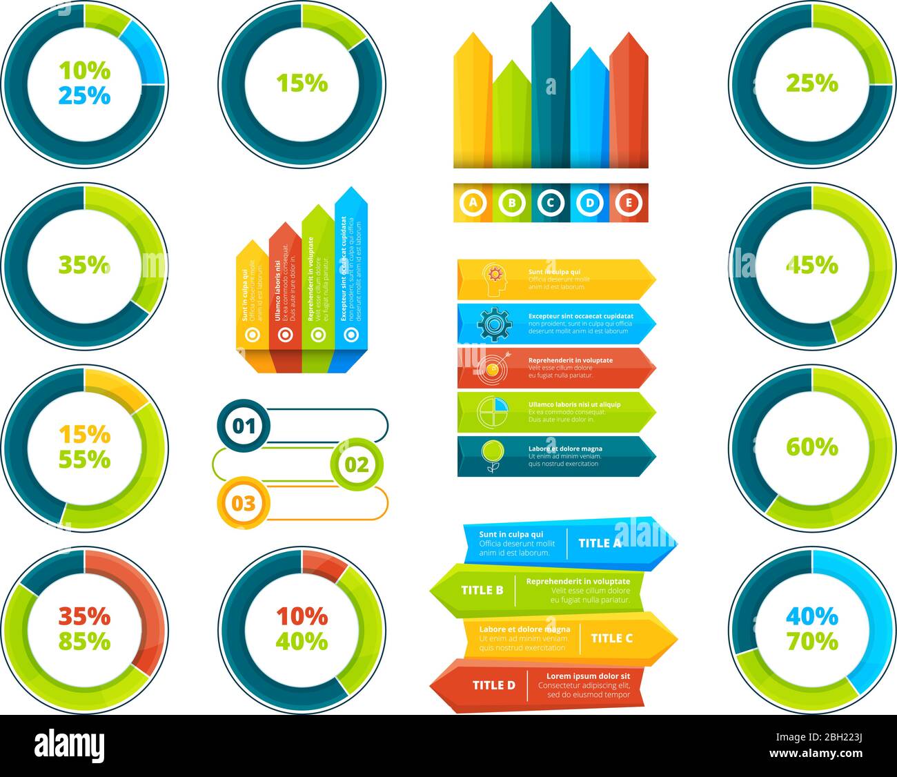 Kreisdiagramme, vertikale und horizontale Pfeile. Infografik. Diagramm ...