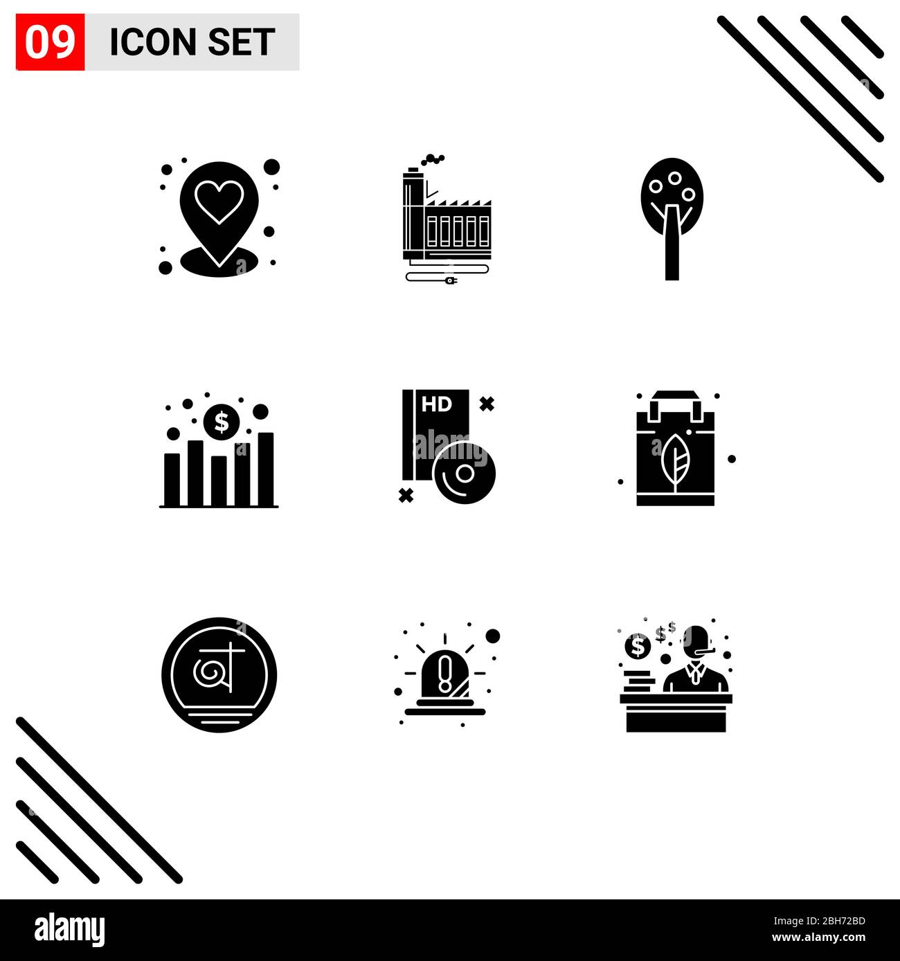 Piktogramm Set von 9 einfachen Solid Glyphen von Compact, bluray, Natur ...