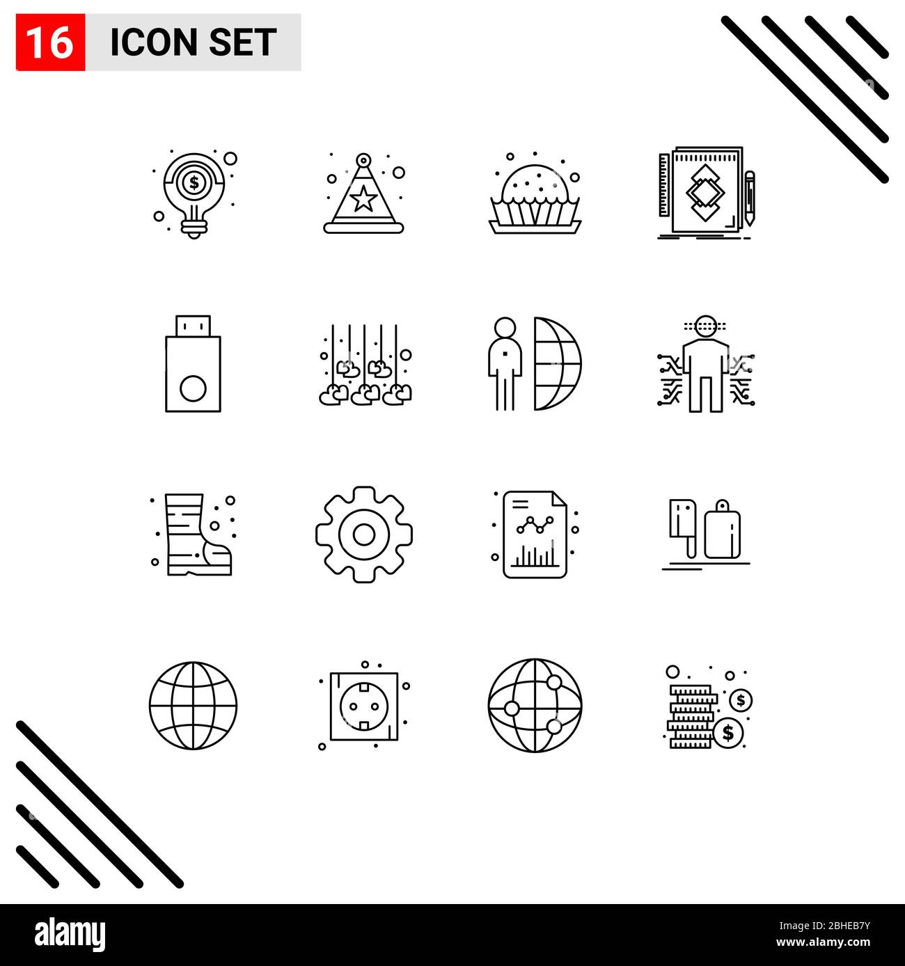 Piktogramm-Set von 16 einfachen Umrissen von Geräten, zeichnen, Dessert ...