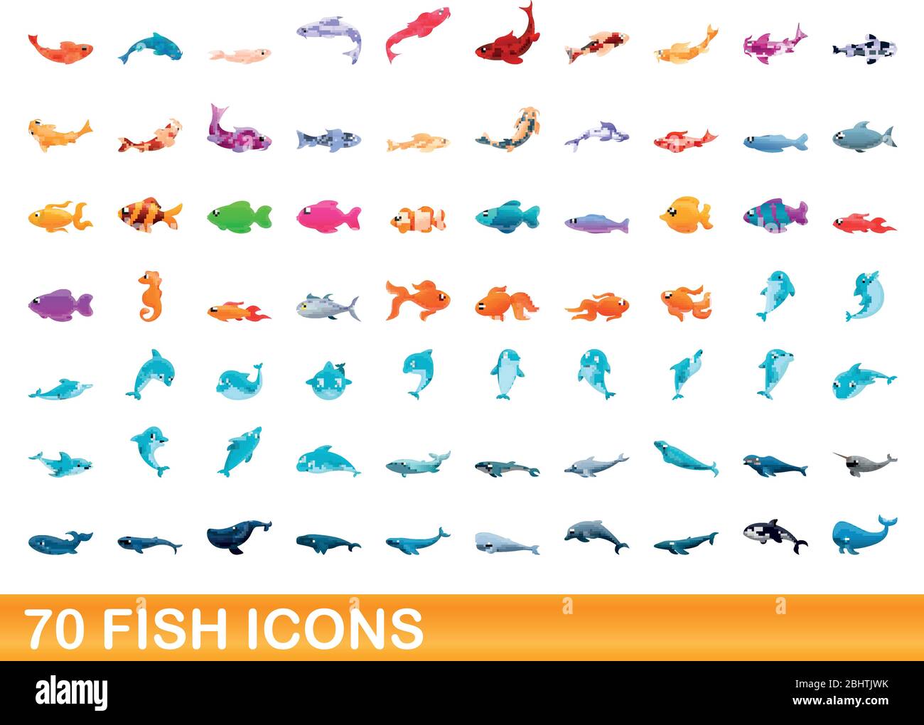 70 Fisch-Symbole gesetzt. Cartoon Illustration von 70 Fisch-Icons ...