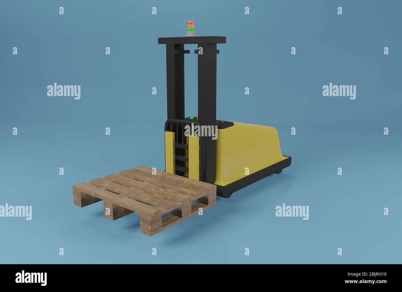 Industrieroboter AGV Gabelstapler mit Palette auf blauem Hintergrund ...