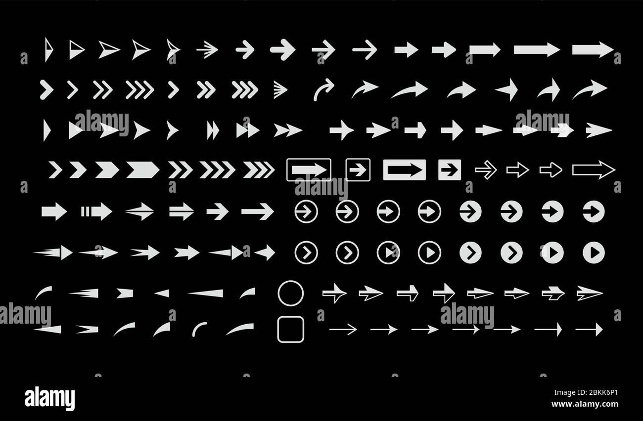 Weiße Pfeile auf schwarzem Hintergrund, Vektorsymbole gesetzt ...