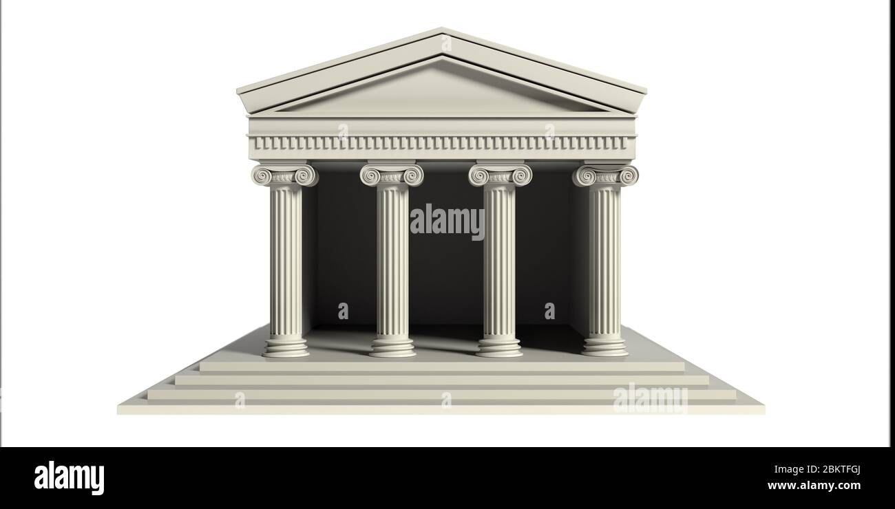 Antiker griechischer Tempel mit vier Marmorsäulen, Giebel und Treppe ...