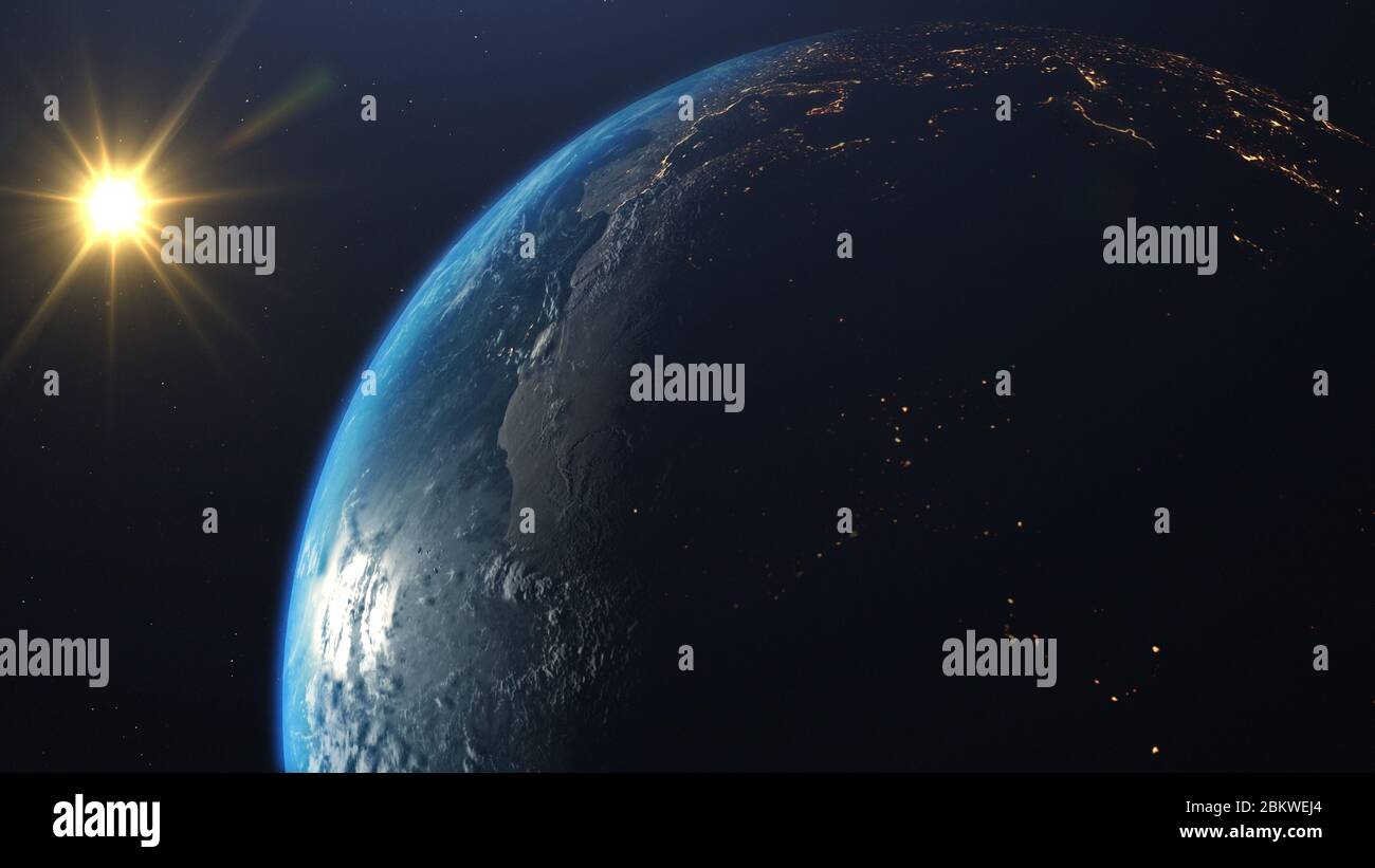 3D-Rendering einer Ansicht des Planeten Erde aus dem All. Auf der ...