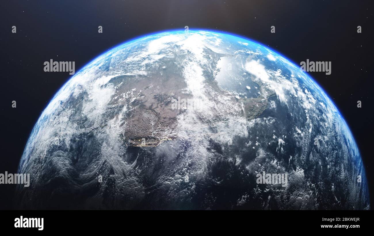 3D-Rendering einer Ansicht des Planeten Erde aus dem All. Auf der ...
