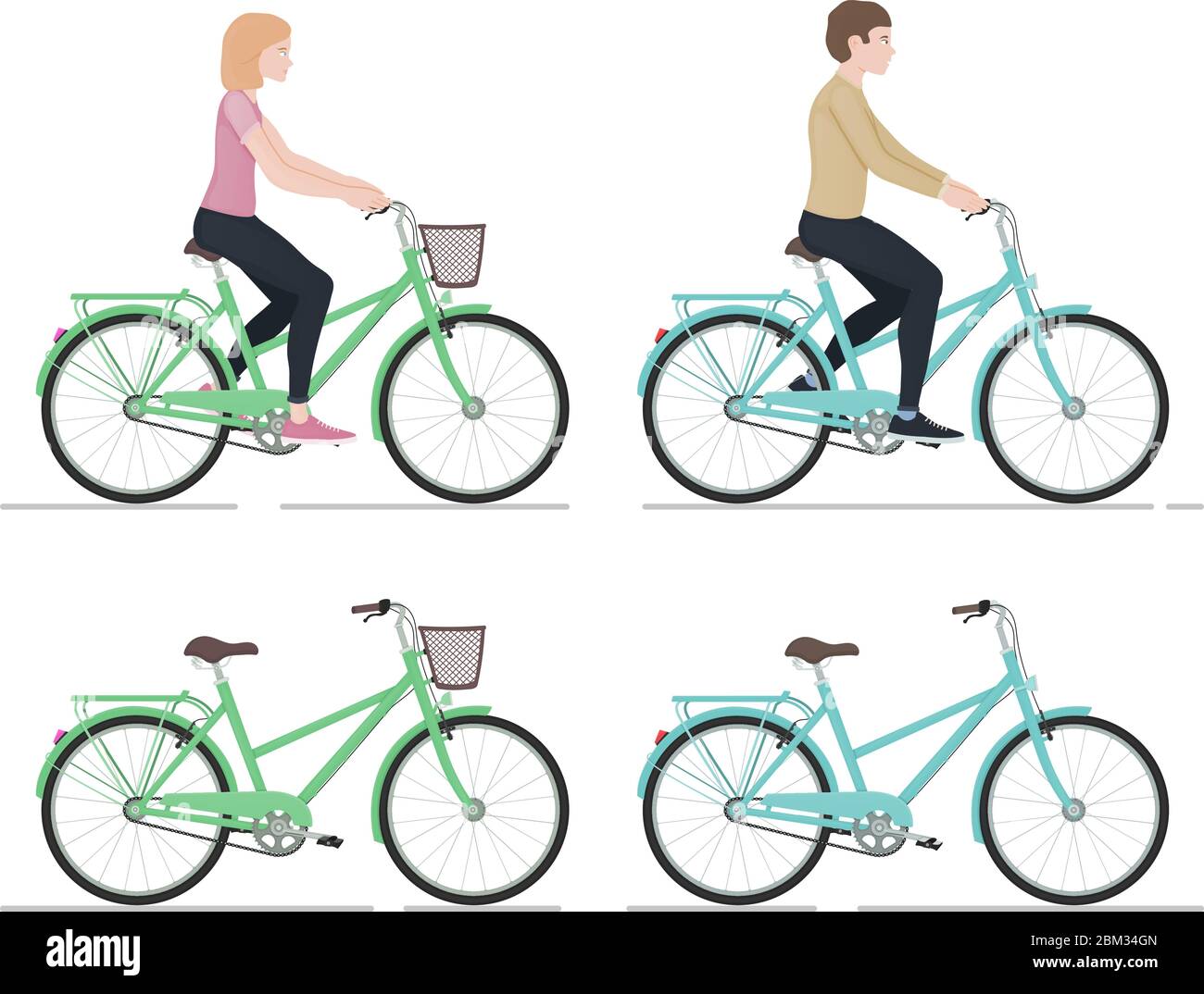 Kerl und Mädchen, die ein Fahrrad, Charaktere und Fahrräder im Cartoon ...