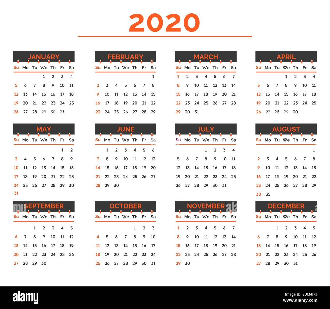 Kalender 2020 zum ausdrucken Stock-Vektorgrafiken kaufen - Alamy