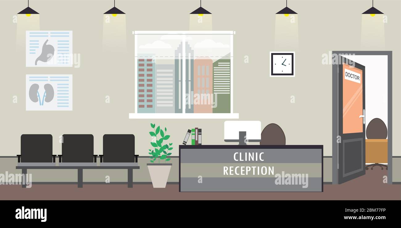 Leere Klinik Rezeption Innenraum, moderne Möbel, Cartoon Vektor ...