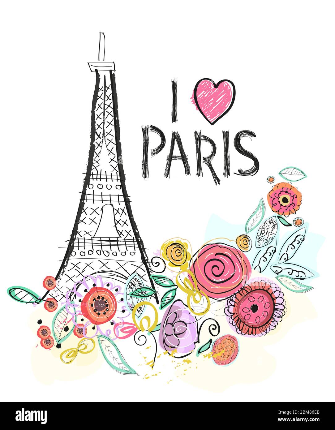 Eiffelturm und Sommer Blumen. ich liebe paris Hand gezeichnet Brief ...
