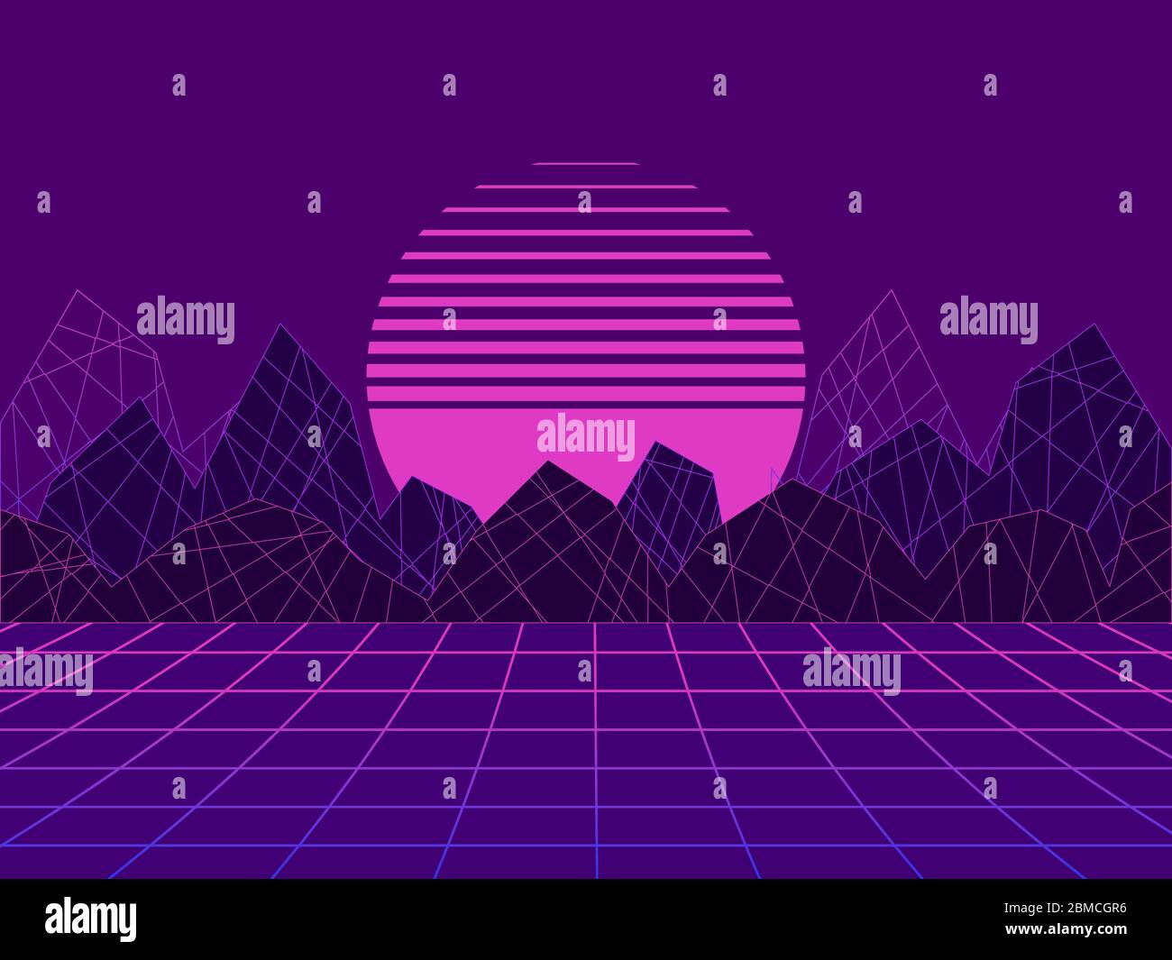 80er Jahre Retro Sci-Fi Hintergrund. Futuristische Landschaft in der virtuellen Realität ...