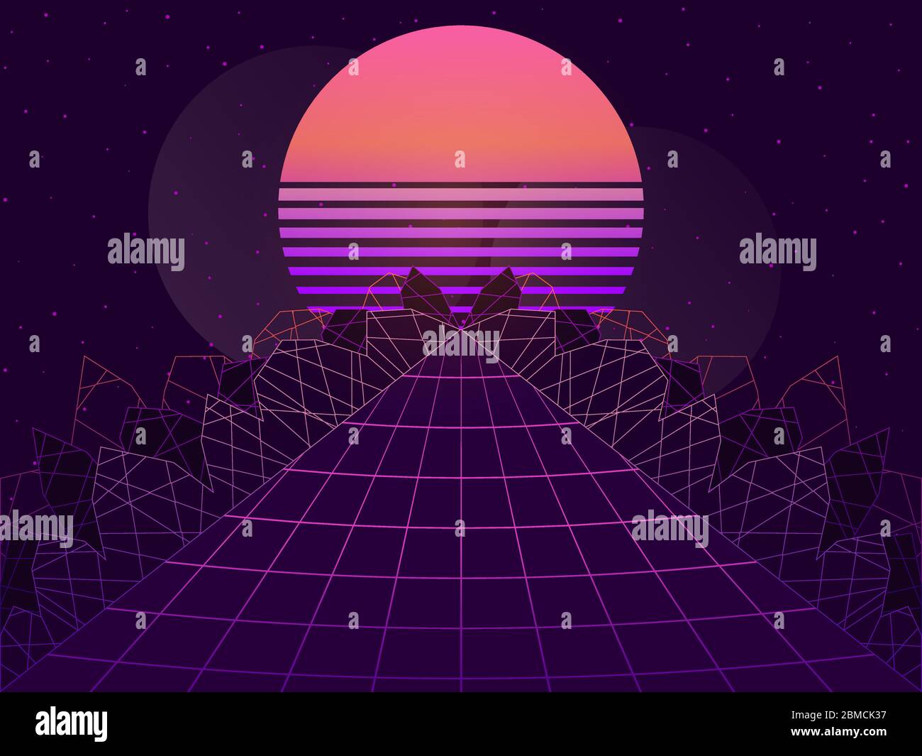 80er Jahre Retro Sci-Fi Hintergrund. Futuristische Landschaft in der virtuellen Realität ...