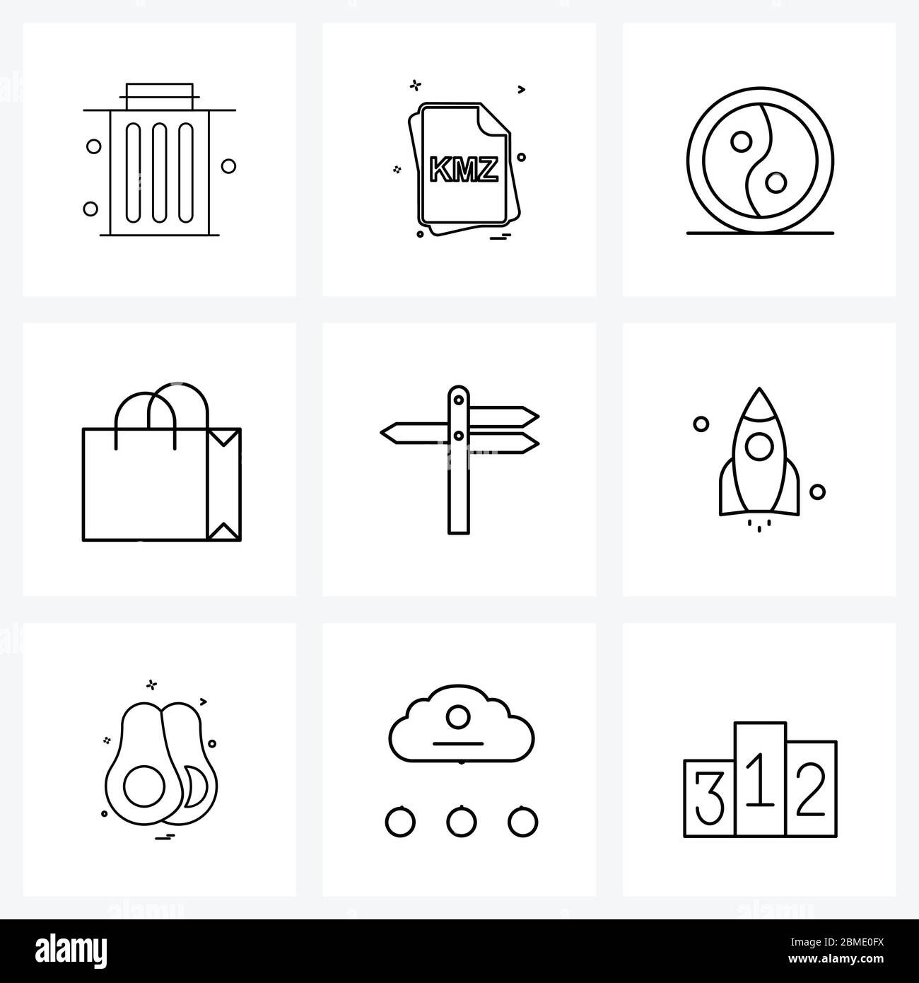 Set von 9 einfache Linie Symbole der Rakete, Verkehrsschild, Yang ...