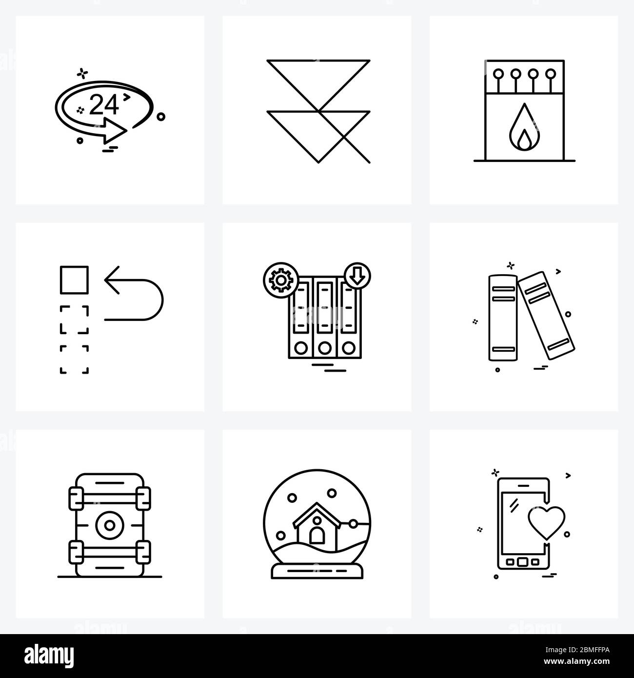 Satz von 9 Linien-Symbol Zeichen und Symbole für Zahnrad, Pfeil ...