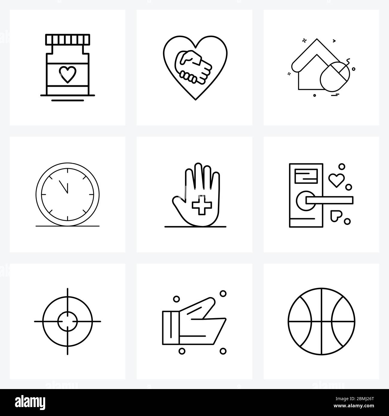 Satz von 9 Linien Symbol Zeichen und Symbole für Gesundheit, Zeit ...