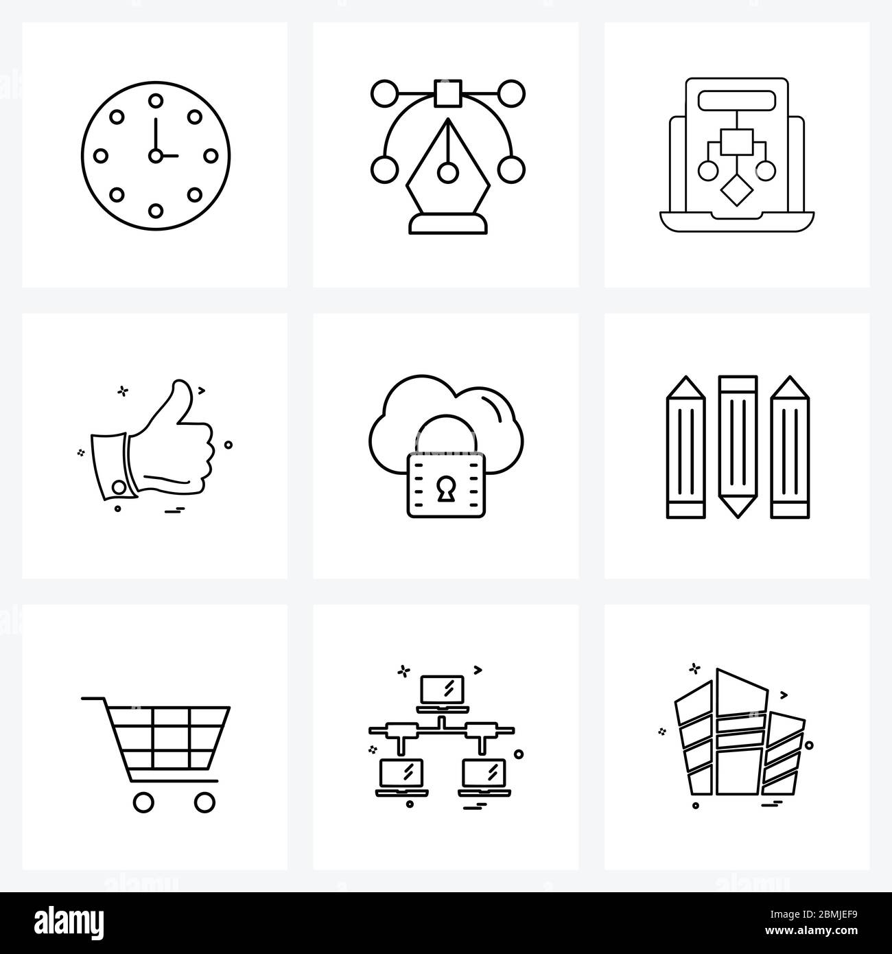 Line-Symbol-Set von 9 modernen Symbole der gesperrt, Hand, Laptop ...