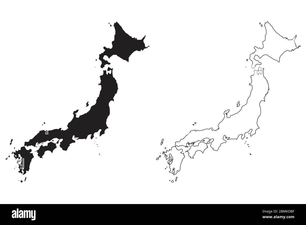 Länderkarte Japan. Schwarze Silhouette und Umriss isoliert auf weißem ...