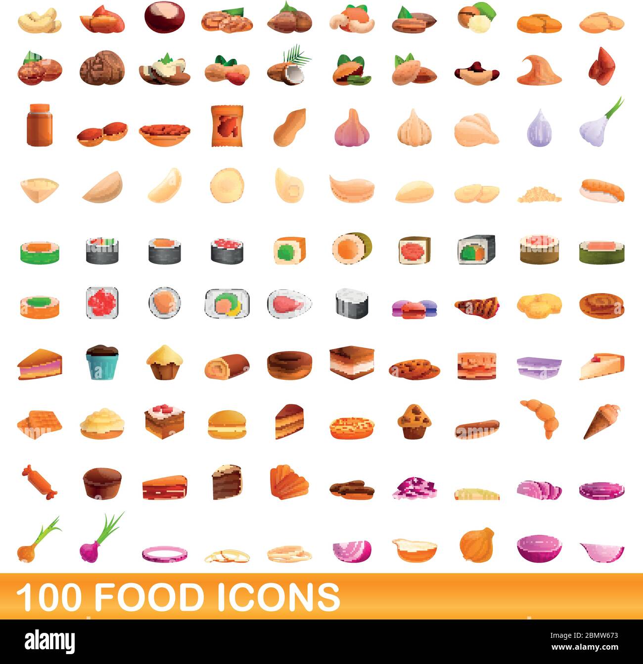 100 Essen Symbole gesetzt. Cartoon Illustration von 100 Essen Symbole ...