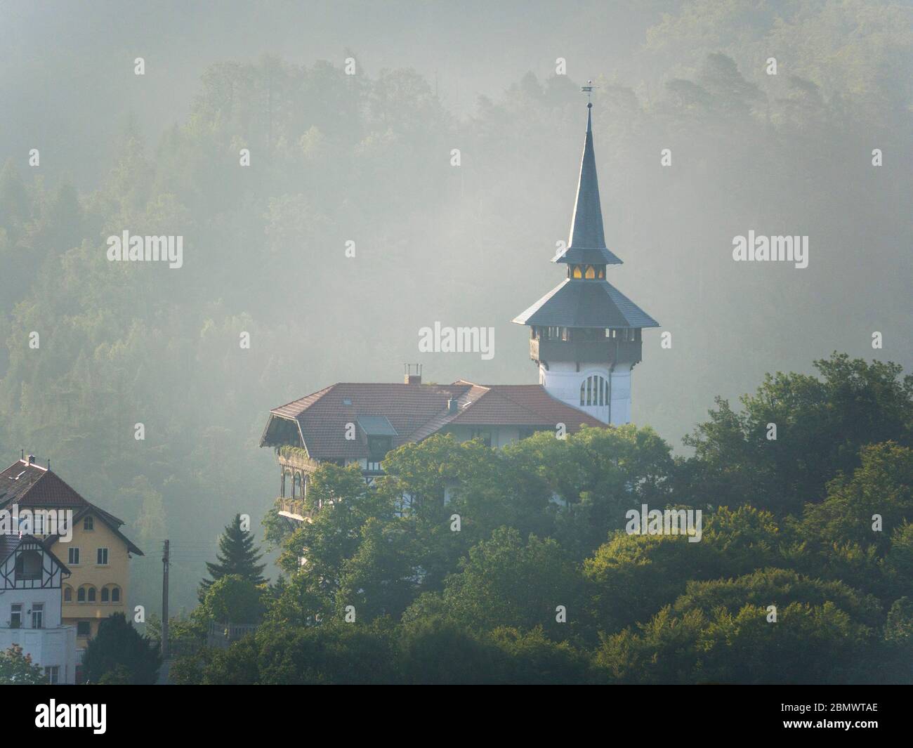 Blick auf Eisenach von der Wartburg, Villenviertel, Hügel im Morgenebel ...