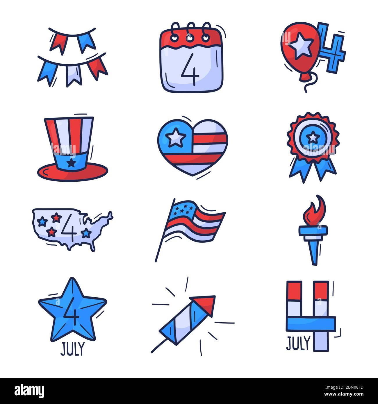 Juli Symbol gesetzt. USA Independence Day Hand gezeichnet Doodle Icons ...