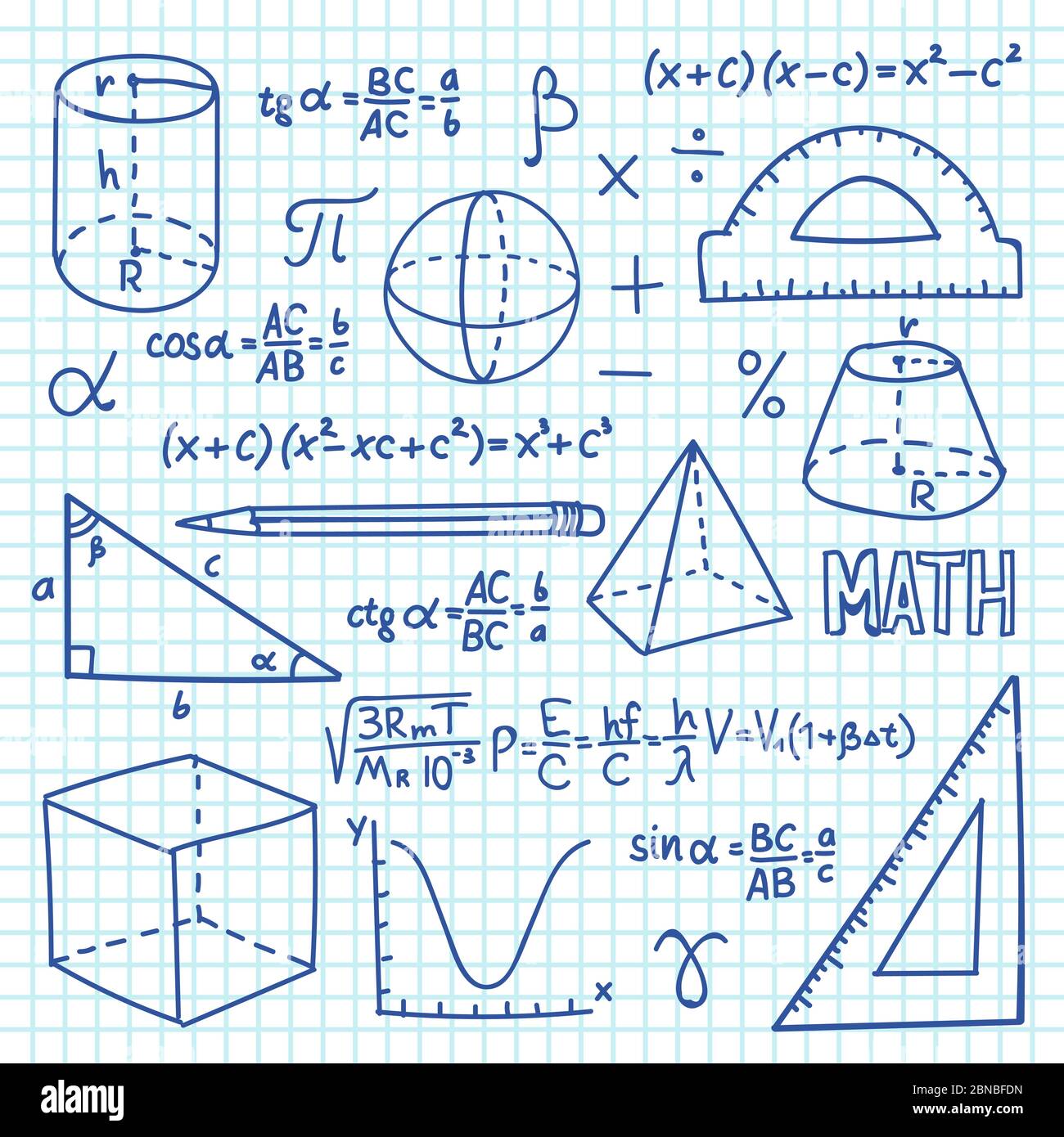Doodle Mathematik und Geometrie Konzept. Trigonometrie-Funktionen, Diagramme und mathematische ...