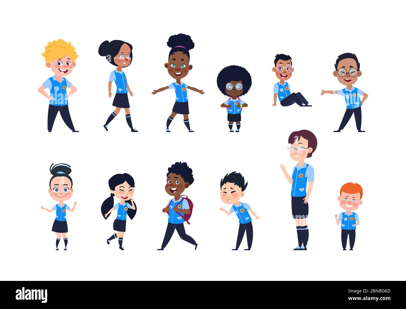 Schulkinder. Cartoon glückliche Kinder in Uniform. Mädchen und Jungen ...