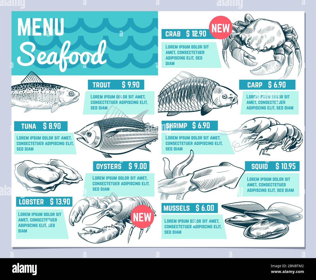Fischrestaurant-Menü. Hand gezeichnet Fische Hummer und Krabben ...