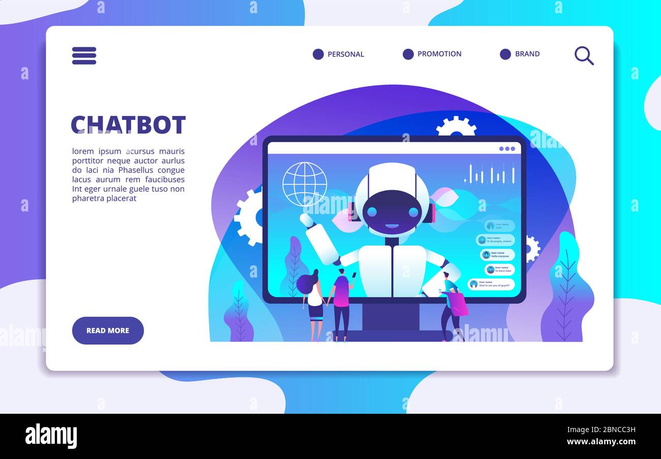 Chatbot Landing Page. KI-Roboter im Gespräch mit Frau und Mann ... Chatbot Landing Page. KI-Roboter im Gespräch mit Frau und Mann ...