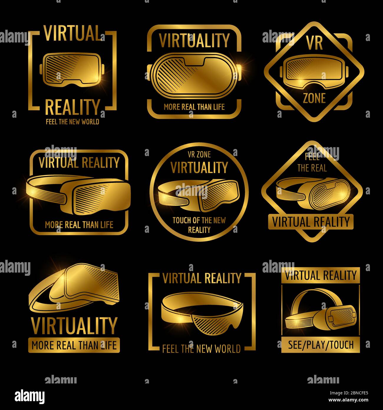 Golden Virtual Reality Brille und Helme Label Design. Vector vr Logo ...