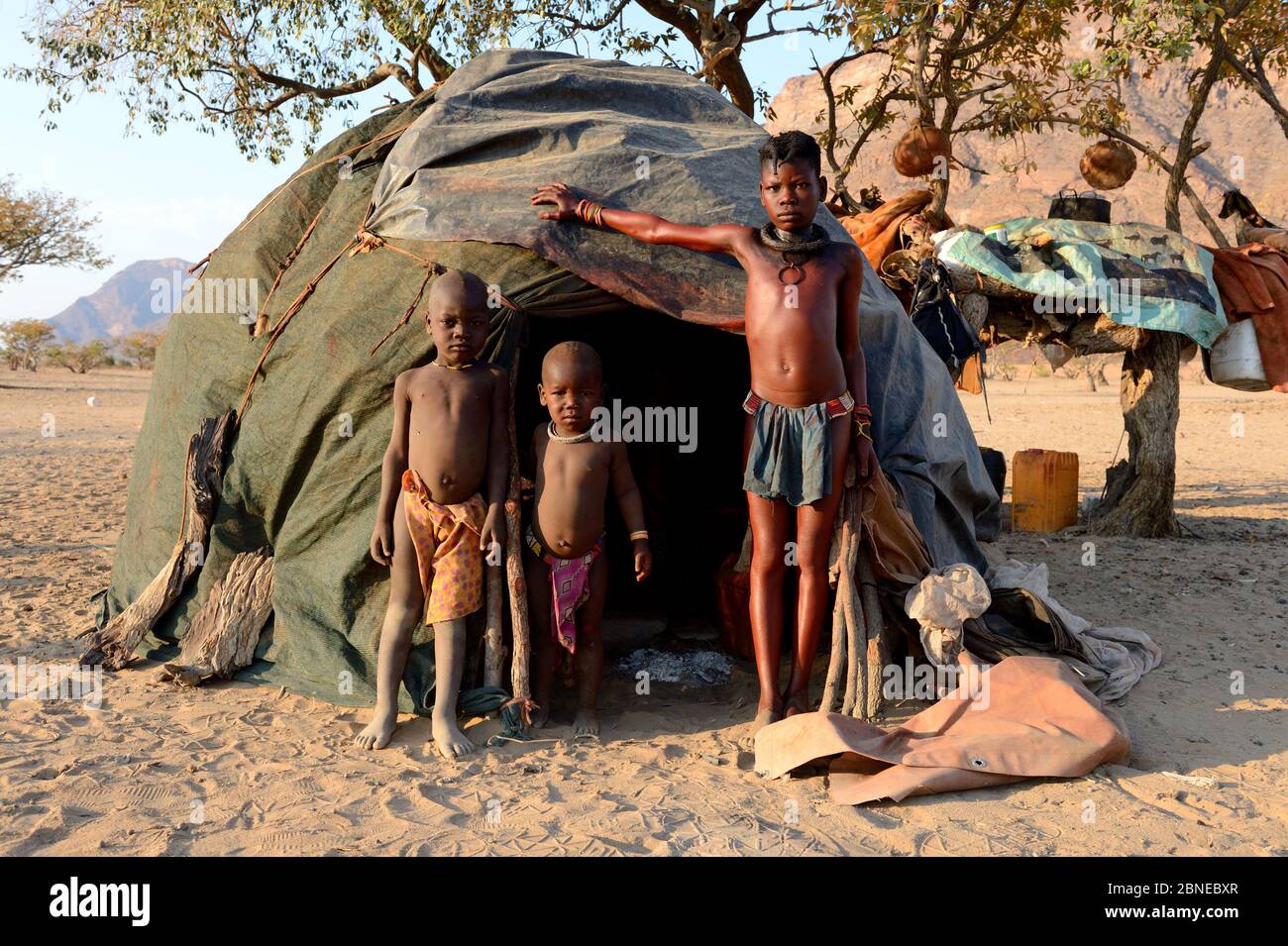 Himba Kinder, ein Mädchen und zwei Jungen, vor ihrer Hütte, Marienfluss ...