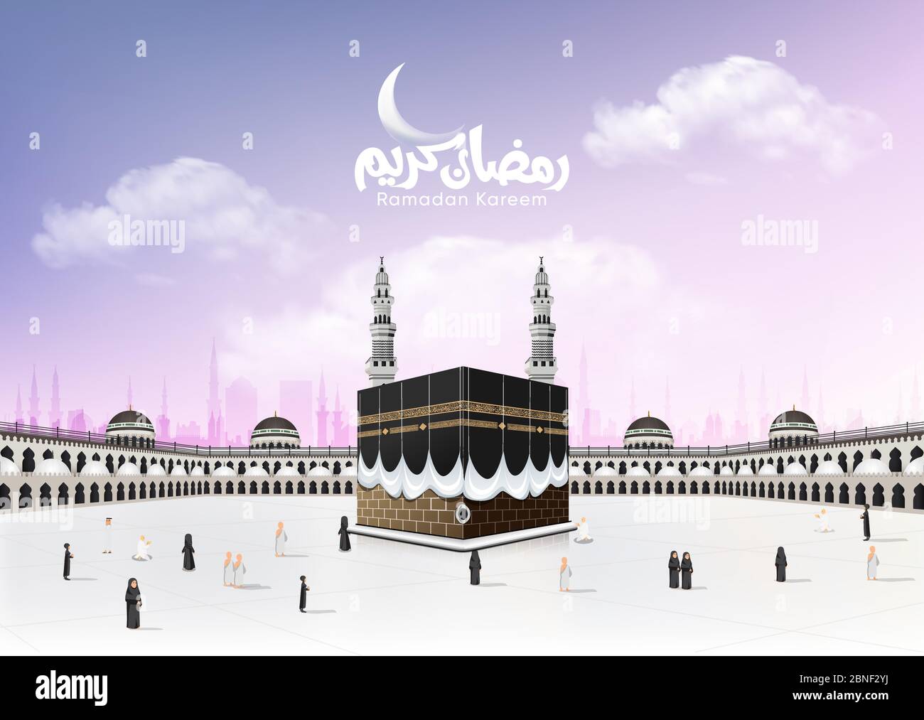 Die große Moschee in Mekka-Design mit Kaaba Vector und Kuppeln auf dem ...
