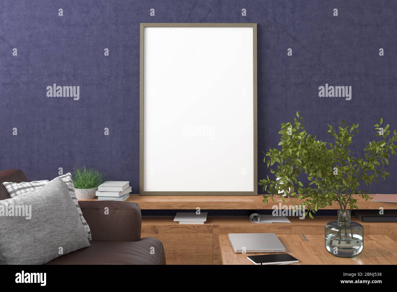 Vertikales leeres Poster auf blauer Betonwand im Inneren des modernen Wohnzimmers mit einem ...