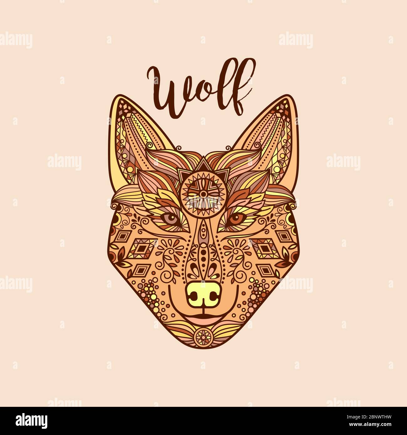 Zentangle Bunte Wolfskopf mit handgezeichneten Guata Vektor Ornament Stock-Vektorgrafik - Alamy