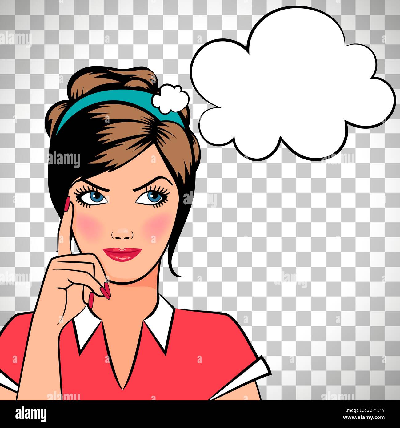Denkende Frau im Pop-Art-Comic-Stil isoliert auf transparentem ...