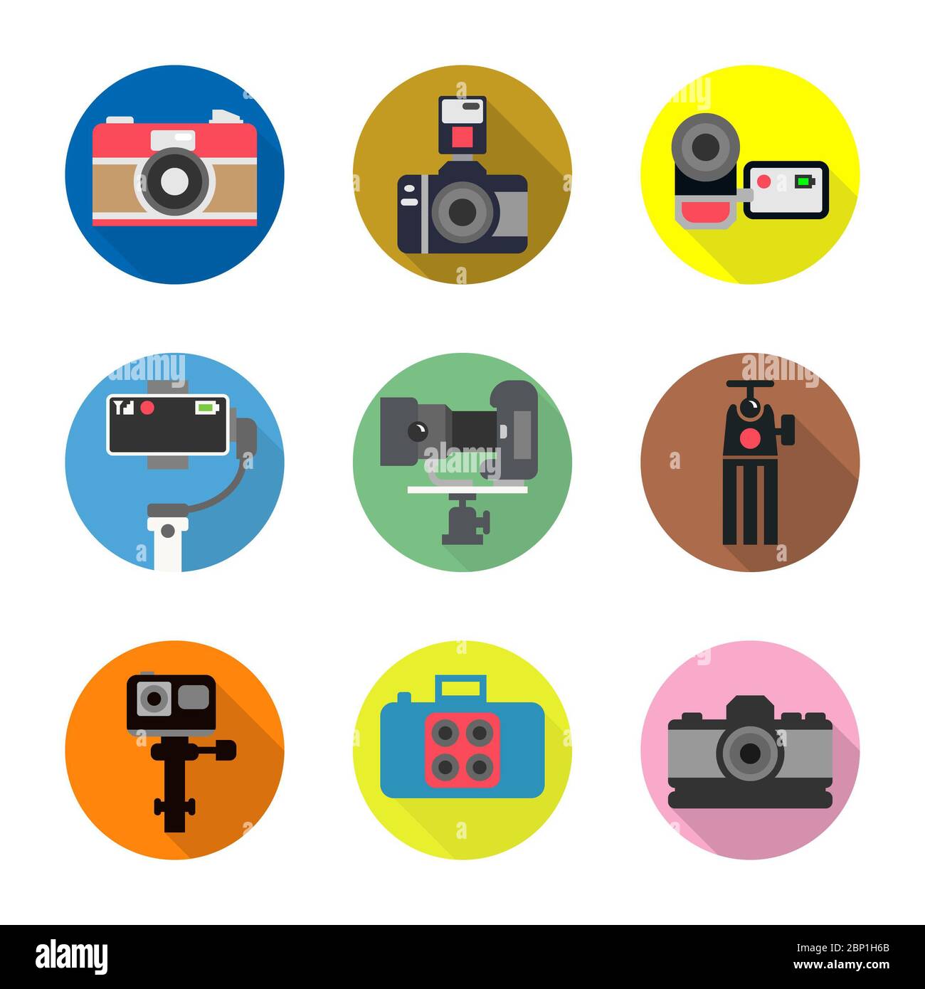 Icon Set von Fotografen, Digitalkamera, Stativ, Film Gimbal, Blitz, VDO ...