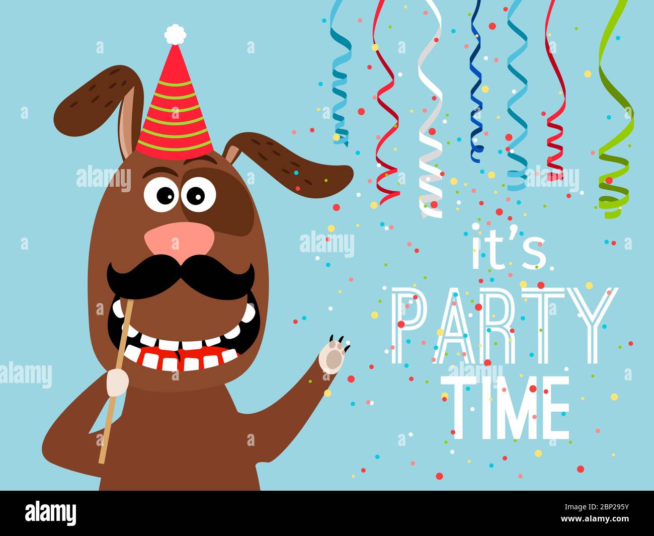 Party Dog Card. Party Time Poster mit lustigen Hund mit Schnurrbart und ...