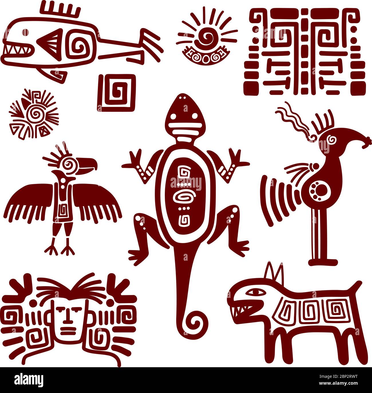 Maya oder indische traditionelle Zeichen und Symbole auf weißem ...