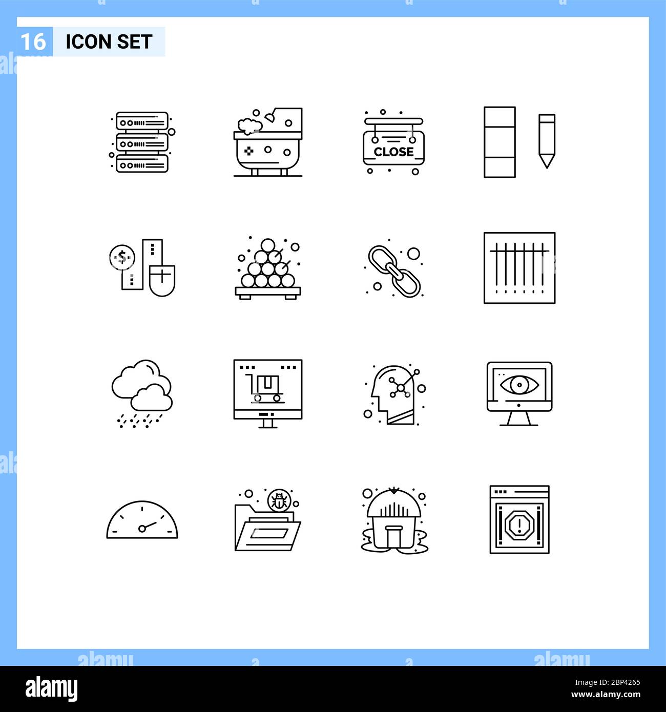 Piktogramm-Set von 16 einfachen Umrissen von Verbindung, Geld, Board ...