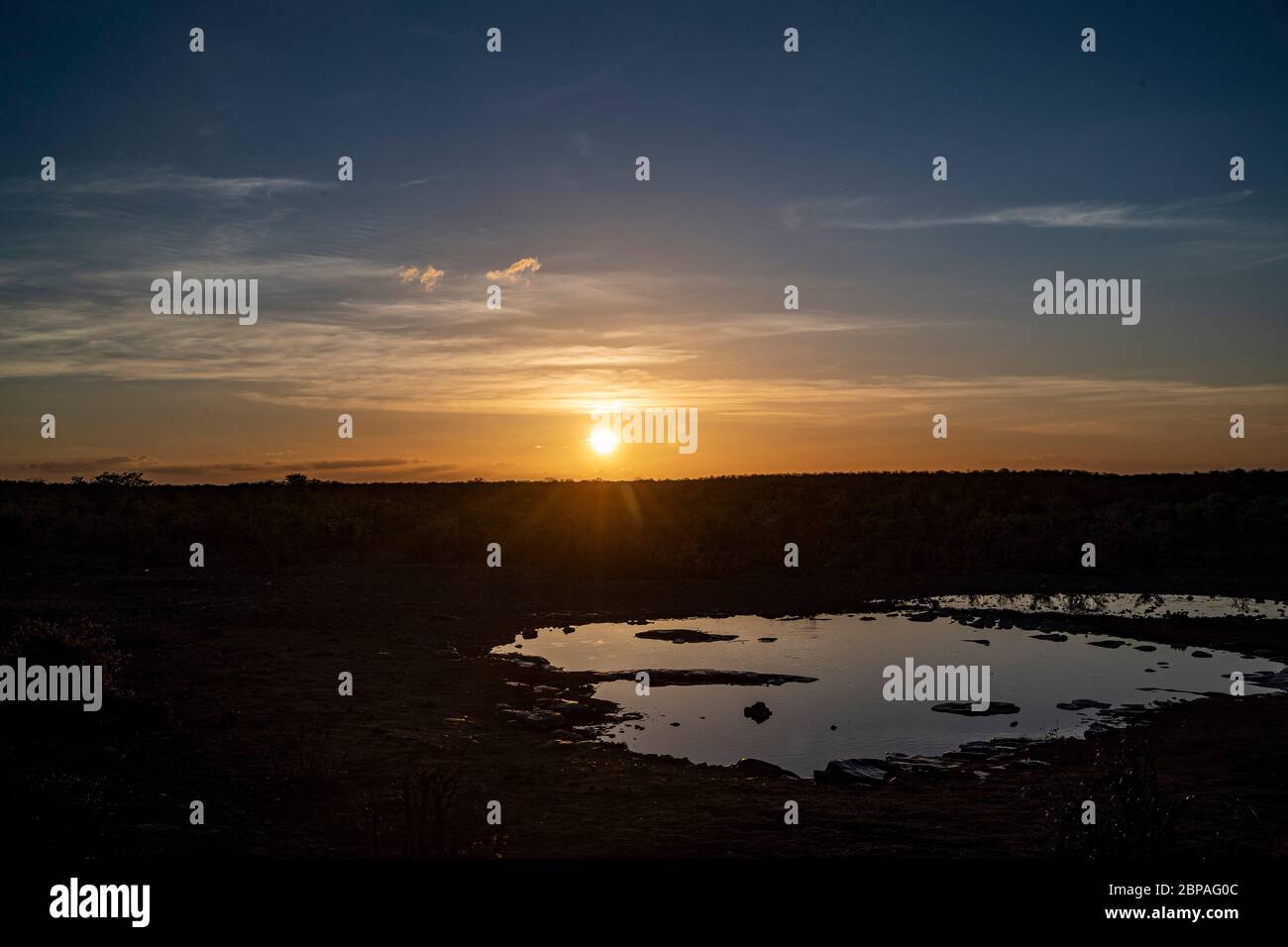 Die Sonne geht am Moringa Wasserloch des Halali Camps im Etosha ...