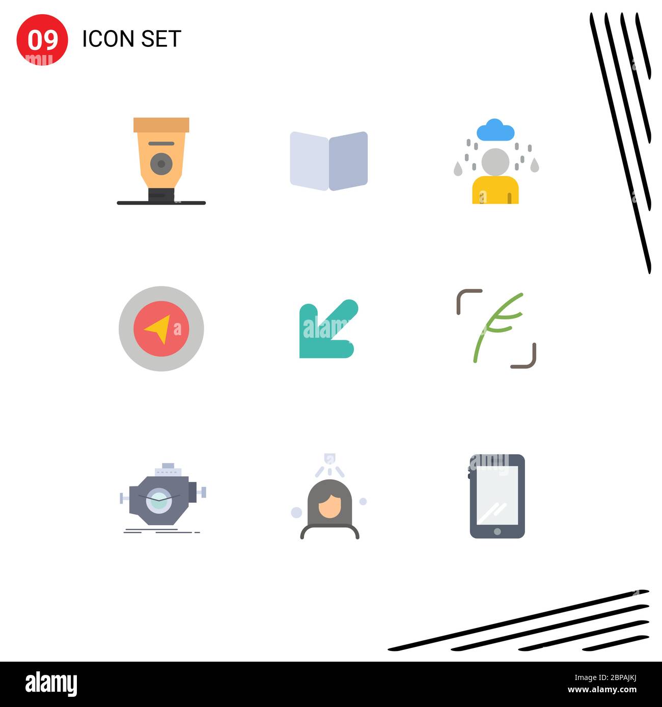 Moderne 9-er Satz flache Farben Piktogramm von links, Pfeil, Abdeckung ...